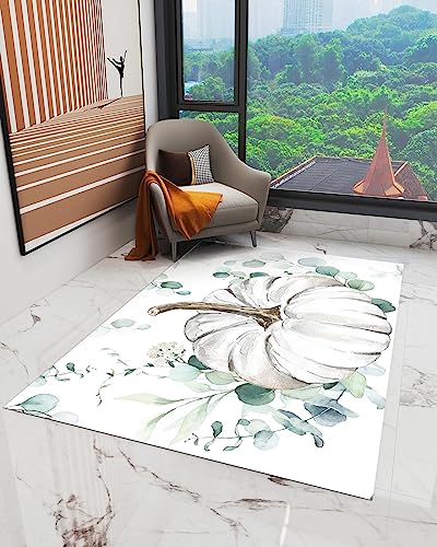 Green Eucalyptus Area Rug 5'x8',Outdoor Indoor Extra Large Carpet Runner for Girls Boys Bedroom,Living Room,Bathroom,Classroom,Office,Kitchen,Washable Area+Rug Autumn Thanksgiving Fall White Pumpkins