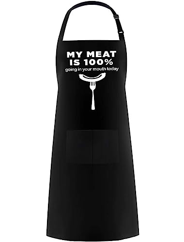 Hyzrz Funny Aprons for Men, Women - My Meat is 100% - Gifts for Fathers Day, Mothers Day, Birthday - Cooking Grilling BBQ Chef Apron (Black)