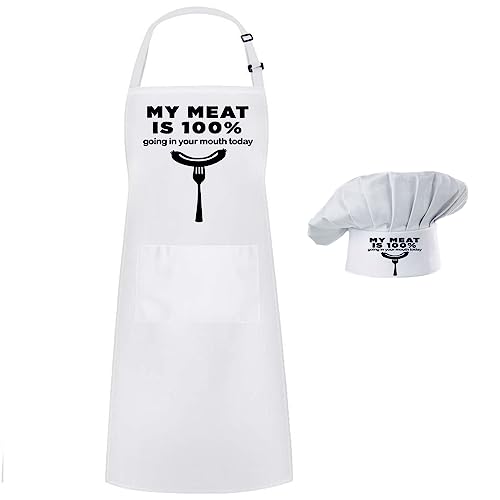 Hyzrz Chef Apron Hat Set,My Meat is 100%,Chef Hat and Apron Adjustable Baker Costume with Pocket Dad Apron for Grilling Men and Women Father's Gift (White)