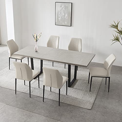 ZckyCine Modern Mid-Century Dining Table Set for 6-8 People Kitchen Dining Room Table Set Extendable Wood Dining Table and 6 Upholstered Chairs, Home Kitchen Furniture