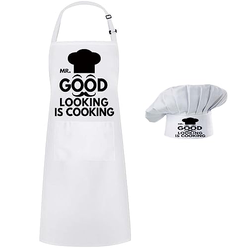 Hyzrz Chef Apron Hat Set,Mr. Good Looking is Cooking,Chef Hat and Apron Adjustable Baker Costume with Pocket Dad Apron for Kitchen Grill BBQ Men and Women Father's Gift (White)