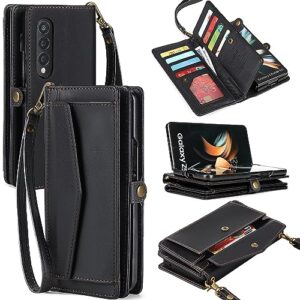 dkdksip for samsung galaxy z fold 5 wallet case for women, rfid blocking card holder, pu leather flip phone case with crossbody strap wristlet kickstand for galaxy z fold 5, black