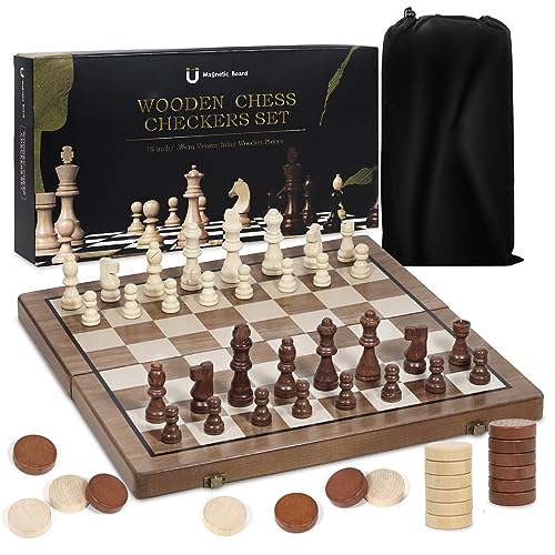 2 in 1 Magnetic Chess Sets,15in Folding Wooden Chess & Checkers Set Board for Adults,Chess Pieces with 2 Extra Queen,Travel Chess Set with Storage Bag for Kids