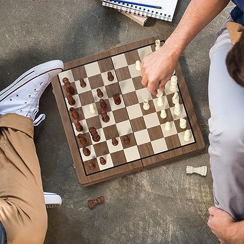 2 in 1 Magnetic Chess Sets,15in Folding Wooden Chess & Checkers Set Board for Adults,Chess Pieces with 2 Extra Queen,Travel Chess Set with Storage Bag for Kids