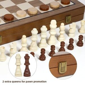 2 in 1 Magnetic Chess Sets,15in Folding Wooden Chess & Checkers Set Board for Adults,Chess Pieces with 2 Extra Queen,Travel Chess Set with Storage Bag for Kids