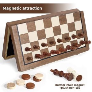 2 in 1 Magnetic Chess Sets,15in Folding Wooden Chess & Checkers Set Board for Adults,Chess Pieces with 2 Extra Queen,Travel Chess Set with Storage Bag for Kids