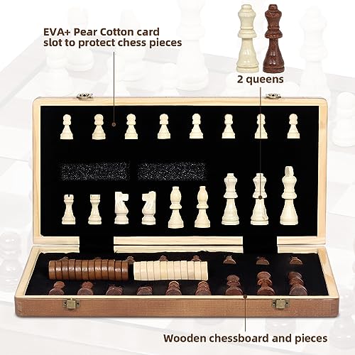 2 in 1 Magnetic Chess Sets,15in Folding Wooden Chess & Checkers Set Board for Adults,Chess Pieces with 2 Extra Queen,Travel Chess Set with Storage Bag for Kids