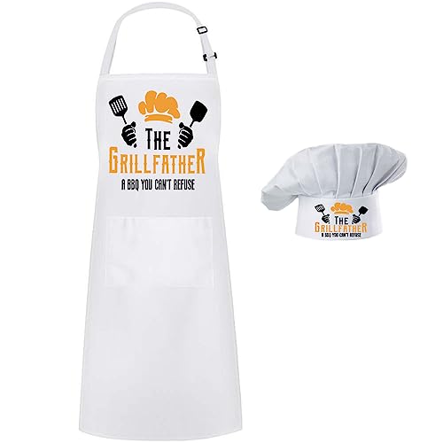 Hyzrz Chef Apron Hat Set,The Grill Father,Chef Hat and Apron Adjustable Baker Costume with Pocket Dad Apron for Kitchen Grill BBQ Men and Women Father's Gift (White)