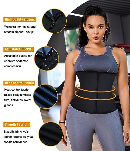 LEINIDINA Womens Waist Trainer Corset with Zipper Sweat Waist Trimmer for Women Workout Belt Corset Shapewear Black