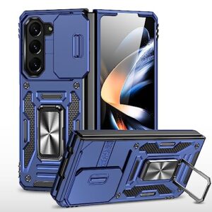 akabeila case for samsung galaxy z fold 5(5g) case cover soft tpu pc slim non-slip carbon fiber phone case rotate stand slide camera protection navy blue