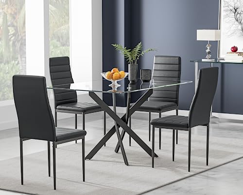 NIERN Glass Dining Table Set for 4, Modern 5-Piece Rectangular Kitchen Table Set with 4 upholstered high-Back Chairs for Kitchen Dining Room (Black Table with Black Chair)