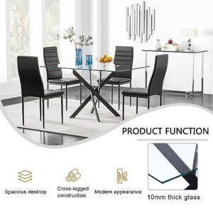 NIERN Glass Dining Table Set for 4, Modern 5-Piece Rectangular Kitchen Table Set with 4 upholstered high-Back Chairs for Kitchen Dining Room (Black Table with Black Chair)