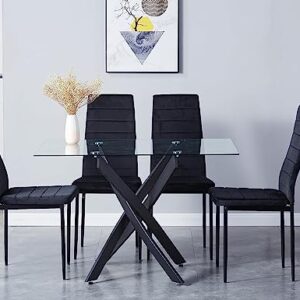 NIERN Glass Dining Table Set for 4, Modern 5-Piece Rectangular Kitchen Table Set with 4 upholstered high-Back Chairs for Kitchen Dining Room (Black Table with Black Chair)