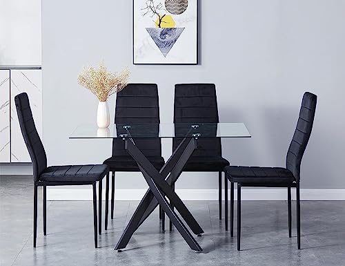 NIERN Glass Dining Table Set for 4, Modern 5-Piece Rectangular Kitchen Table Set with 4 upholstered high-Back Chairs for Kitchen Dining Room (Black Table with Black Chair)