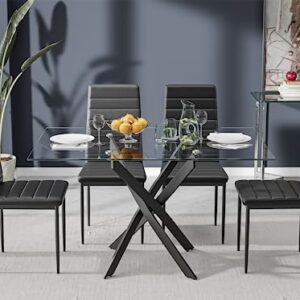 NIERN Glass Dining Table Set for 4, Modern 5-Piece Rectangular Kitchen Table Set with 4 upholstered high-Back Chairs for Kitchen Dining Room (Black Table with Black Chair)