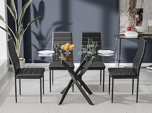 NIERN Glass Dining Table Set for 4, Modern 5-Piece Rectangular Kitchen Table Set with 4 upholstered high-Back Chairs for Kitchen Dining Room (Black Table with Black Chair)