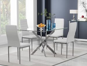 niern glass dining table set for 4, modern 5-piece rectangular kitchen table set with 4 upholstered high-back chairs for kitchen dining room (white table with white chair)