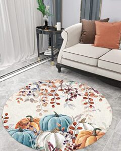 thanksgiving fluffy round area rug carpets 5ft, teal orange pumpkin fall brown eucalyptus leaves plush shaggy carpet soft circular rugs, non-slip fuzzy accent floor mat for living room bedroom nursery