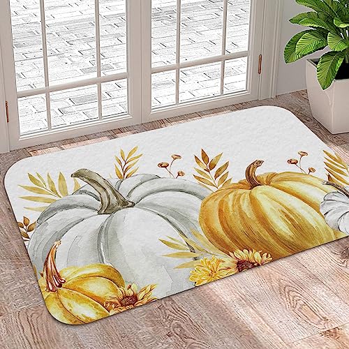 Chees D Zone Indoor Door Mat,Fall Thanksgiving Pumpkin White Soft Non-Slip Absorbent Kitchen Rug,Gold Leaves Sunflower Plant Floor Mat Entrance Rugs for Bedroom Living Room 16x24In