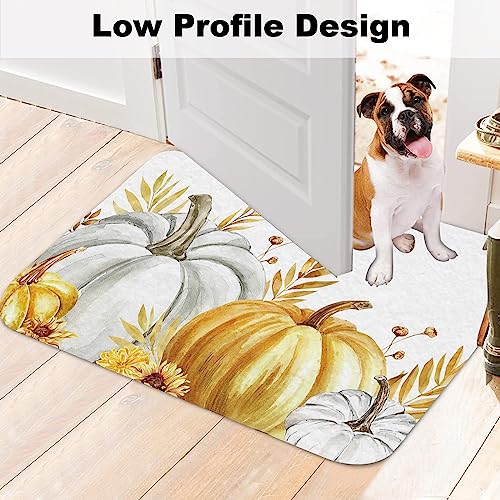 Chees D Zone Indoor Door Mat,Fall Thanksgiving Pumpkin White Soft Non-Slip Absorbent Kitchen Rug,Gold Leaves Sunflower Plant Floor Mat Entrance Rugs for Bedroom Living Room 16x24In