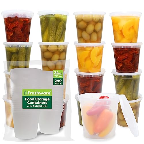 Freshware Food Storage Containers [240 Set] 24 oz Plastic Deli Containers with Lids, Slime, Soup, Meal Prep Containers | BPA Free | Stackable | Leakproof | Microwave/Dishwasher/Freezer Safe