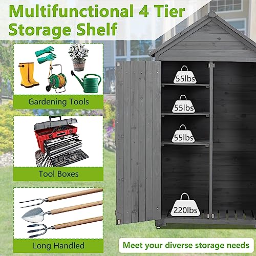 Outdoor Storage Cabinet, Wood Tool Shed with Shelves and Latch, Outside Wooden Shed for Yard, Garden, Backyard - Grey