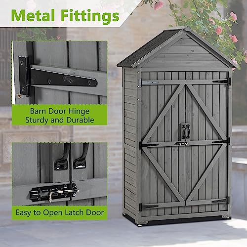 Outdoor Storage Cabinet, Wood Tool Shed with Shelves and Latch, Outside Wooden Shed for Yard, Garden, Backyard - Grey