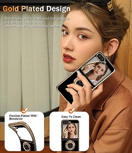 Jasmeas for Galaxy Z Flip 5 Case for Women Girl, Luxury Soft Back Cover with Ring Holder Plating Rose Gold Edge 360° Kickstand Slim Flexible Phone Case for Samsung Galaxy Z Flip5 (2023), Black