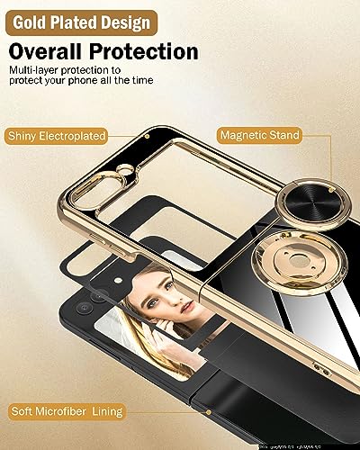 Jasmeas for Galaxy Z Flip 5 Case for Women Girl, Luxury Soft Back Cover with Ring Holder Plating Rose Gold Edge 360° Kickstand Slim Flexible Phone Case for Samsung Galaxy Z Flip5 (2023), Black