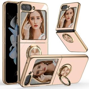 jasmeas for galaxy z flip 5 case for women girl, luxury soft back cover with ring holder plating rose gold edge 360° kickstand slim flexible phone case for samsung galaxy z flip5 (2023), pink