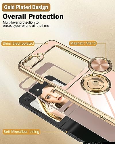 Jasmeas for Galaxy Z Flip 5 Case for Women Girl, Luxury Soft Back Cover with Ring Holder Plating Rose Gold Edge 360° Kickstand Slim Flexible Phone Case for Samsung Galaxy Z Flip5 (2023), Pink