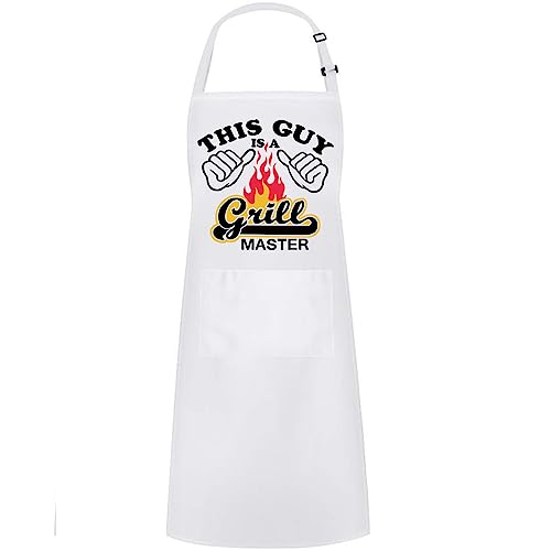 Hyzrz Funny Aprons for Men,Women -This Guy Is A Grill Master- BBQ Cooking Adjustable Bib Kitchen Work Chef Apron with Pockets (White)