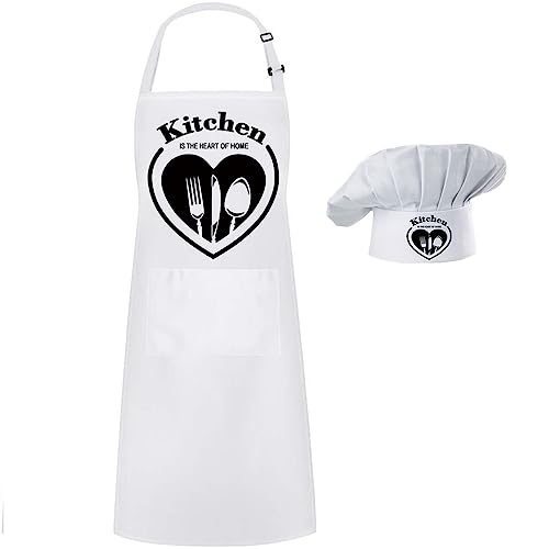 Hyzrz Chef Apron Hat Set,Kitchen Is The Heart of Home,Chef Hat and Apron Adjustable Baker Costume with Pocket Dad Apron for Kitchen Grill BBQ Men and Women Father's Gift (White)