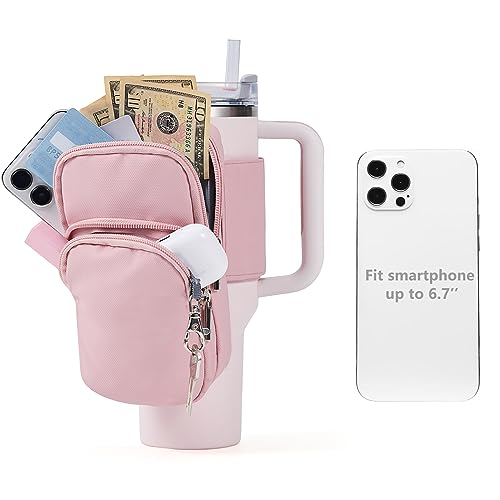 SUITMAT Large Water Bottle Pouch for Stanley Quencher Cup Tumbler, Double Layer Water Resistant Bag for iPhone 14 Pro Max, iPod Air, Credit Cards, Key, Pink (Bag Only)