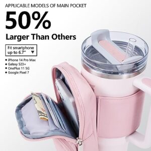 SUITMAT Large Water Bottle Pouch for Stanley Quencher Cup Tumbler, Double Layer Water Resistant Bag for iPhone 14 Pro Max, iPod Air, Credit Cards, Key, Pink (Bag Only)