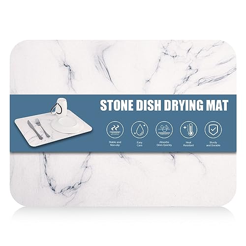 Stone Dish Drying Mat For Kitchen Counter - Diatomite Stone Dish Drying Mat, Quick Drying Non-Slip Heat Resistant Hard Diatomaceous Mat for Dishes Baby Bottles and Dish Drainer Rack (15.7x11.8 Inch)