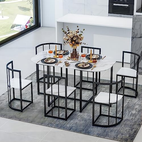 Xshelley Dining Table Set for 6, 7-Piece Dining Table Chairs Set with 1 Table 6 Chairs, Wooden Table Chairs Set for Kitchen Living Room (Black)