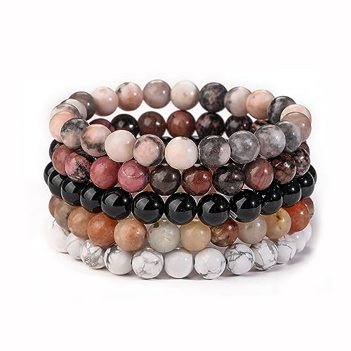 SROBENZ 5PCS Semi-Precious Gemstone Bracelets | Healing Crystal Stone Beaded Bracelets for Women Men 8mm Round Beaded Stretch Bracelets Unisex Stress Relief Yoga Bracelets Gifts(A)