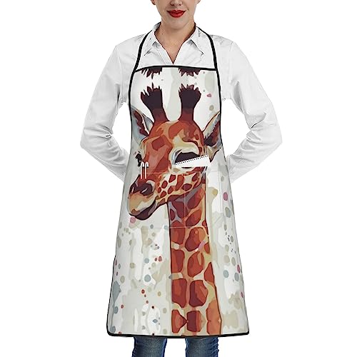 OUSIKA Giraffe Apron With Pockets Waterproof Kitchen Cooking Chef Aprons Bib For Baking Gardening Bbq