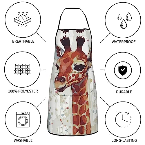 OUSIKA Giraffe Apron With Pockets Waterproof Kitchen Cooking Chef Aprons Bib For Baking Gardening Bbq