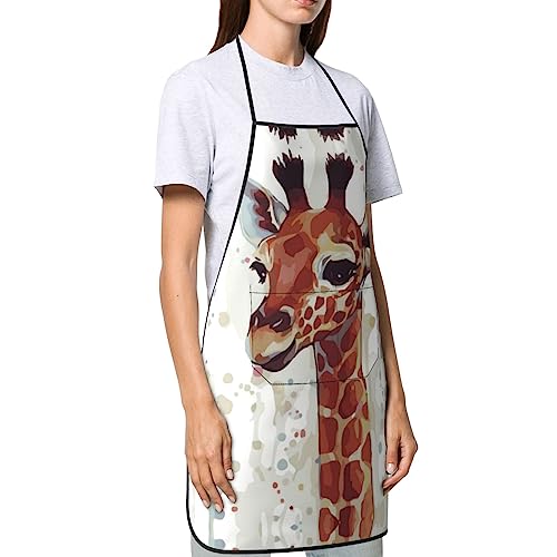 OUSIKA Giraffe Apron With Pockets Waterproof Kitchen Cooking Chef Aprons Bib For Baking Gardening Bbq