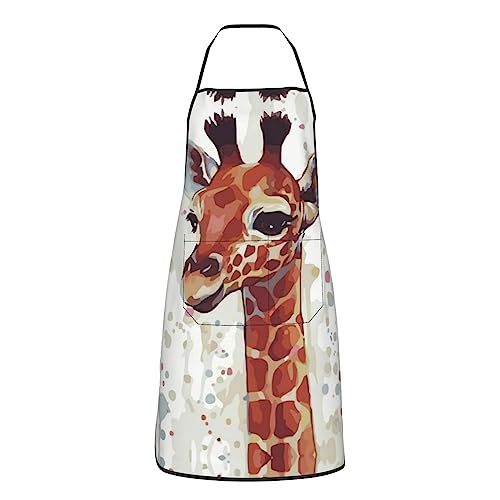 OUSIKA Giraffe Apron With Pockets Waterproof Kitchen Cooking Chef Aprons Bib For Baking Gardening Bbq