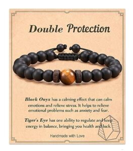 bracelets for men, natural tiger eye black onyx stone protection bracelets, healing mens beaded bracelet gifts for men dad boyfriend husband son brother grandpa father