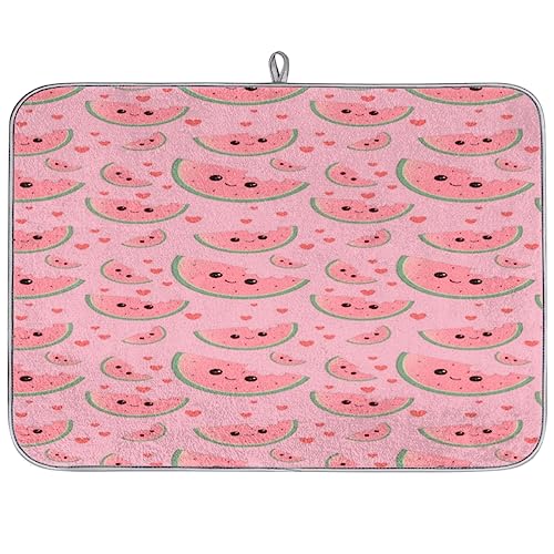 Cute Watermelon Pink Dish Drying Mat for Kitchen Counter, Absorbent Reversible Microfiber Dishes Pad Reusable Washable Dish Drainer Rack Mats, 18 Inch x 24 Inch