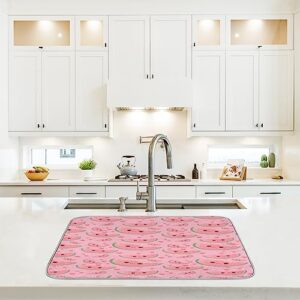 Cute Watermelon Pink Dish Drying Mat for Kitchen Counter, Absorbent Reversible Microfiber Dishes Pad Reusable Washable Dish Drainer Rack Mats, 18 Inch x 24 Inch