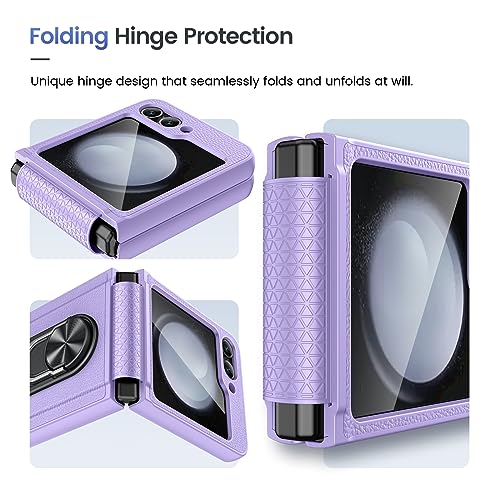 Maxdara for Z Flip 5 Case with Hinge Protection, Galaxy Z Flip 5 Case with Rotate Ring Stand & Built-in Glass Screen Protector Protective Case for Samsung Galaxy Z Flip 5 5G (Purple)