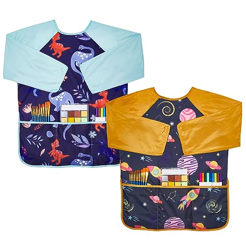 Lictin 2 Pack Kids Art Smocks, Toddler Smock, Waterproof Artist Painting Aprons for Children, with Long Sleeve and 3 Pockets for Age 3-8 Years