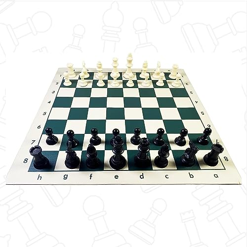 GETORIUM Tournament Chess Set: Portable and Professional Set with Travel Portable Plastic Tube Roll. Plastic Staunton Chess Pieces, Foldable Vinyl Chess Board.(Green, 13X13IN)