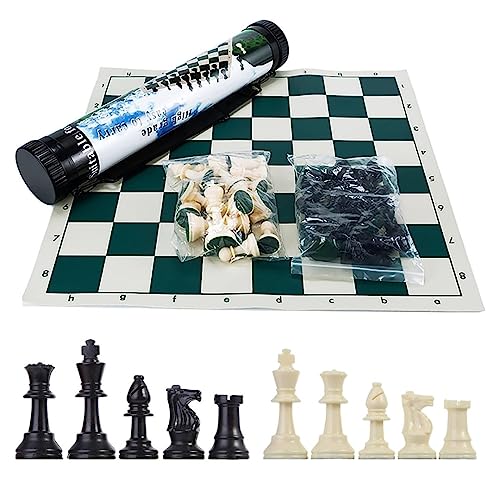 GETORIUM Tournament Chess Set: Portable and Professional Set with Travel Portable Plastic Tube Roll. Plastic Staunton Chess Pieces, Foldable Vinyl Chess Board.(Green, 13X13IN)