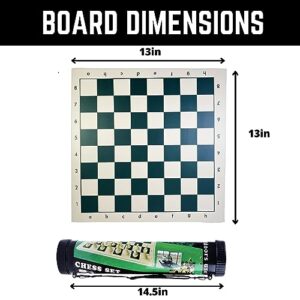 GETORIUM Tournament Chess Set: Portable and Professional Set with Travel Portable Plastic Tube Roll. Plastic Staunton Chess Pieces, Foldable Vinyl Chess Board.(Green, 13X13IN)